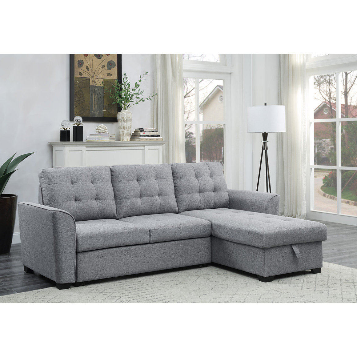 Latitude Run® Avery 90.5" Light Gray Linen Sleeper Sectional Sofa With Reversible Storage Chaise ...